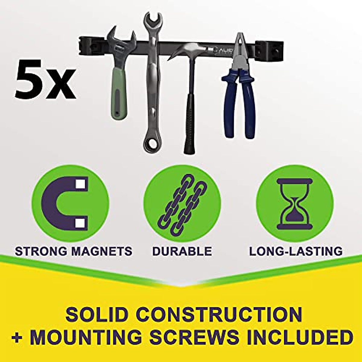 ALIEN SYSTEM Magnetic tool holder strip 5 Pack up to 60" (5x12) + Mop and Broom holder wall mount 3 Pack