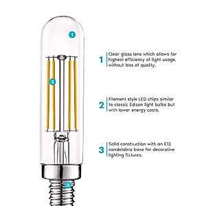 LUXRITE Vintage E12 LED Bulb 60W Equivalent, T6 T6.5, 3000K (Soft White), 500 Lumens, Dimmable Candelabra LED Tube Bulbs 5W, Clear Glass, Edison Filament Tubular Light Bulb, UL Listed (6 Pack)
