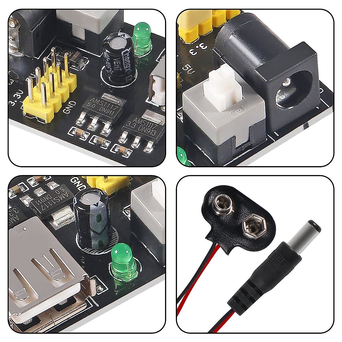 AITIAO 6Pcs MB102 3.3V/5V Breadboard Power Supply Module with 6Pcs 9V Battery Clip Buckle T-Type Power Cable Male 2.1MM DC Jack Plug