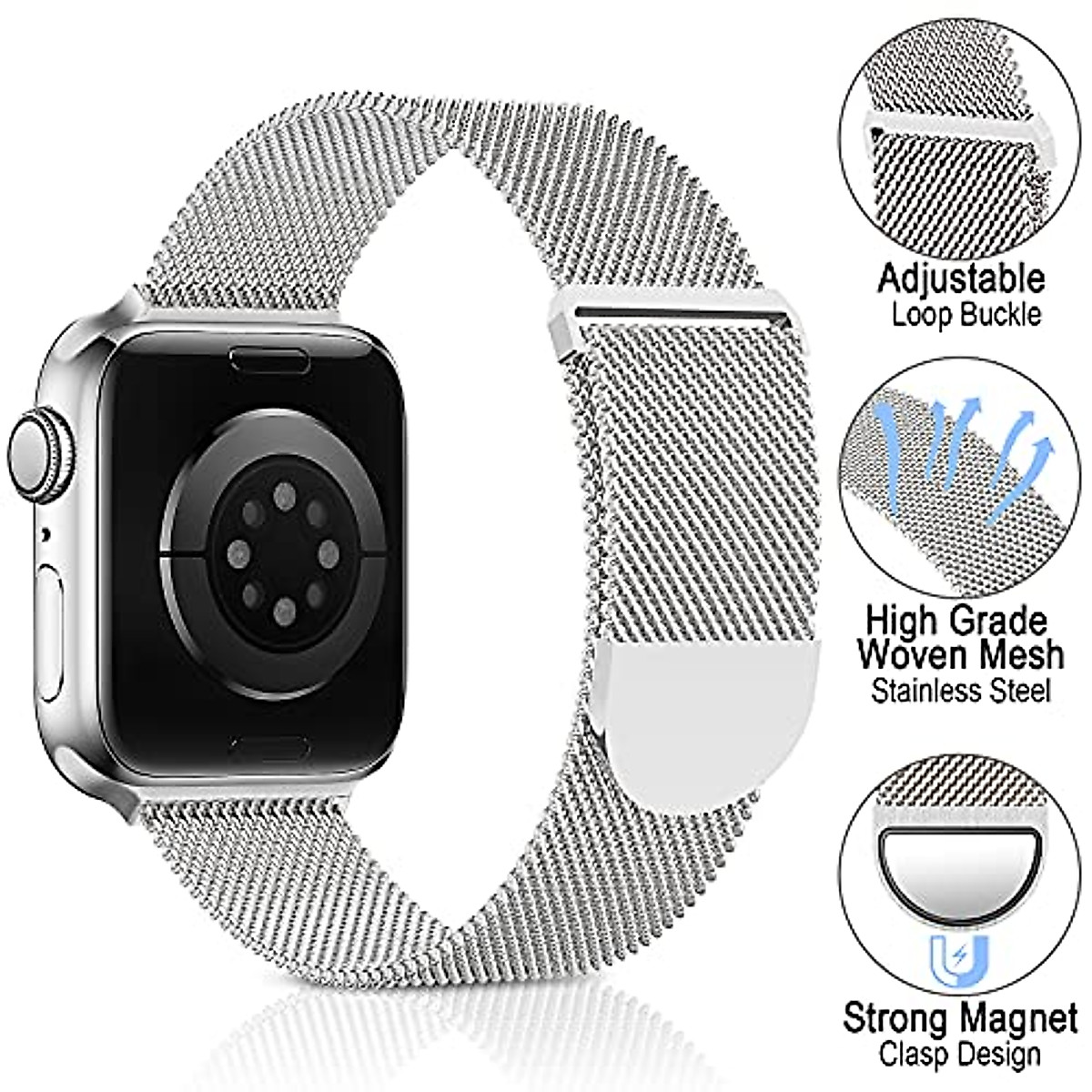 Sunnywoo Metal Stainless Steel Band Compatible with Apple Watch Bands 38mm 40mm 41mm 42mm 44mm 45mm 49mm,Silver Loop Adjustable Magnetic Strap for iWatch Series Ultra 8 7 6 5 4 3 2 1 SE for Women Men