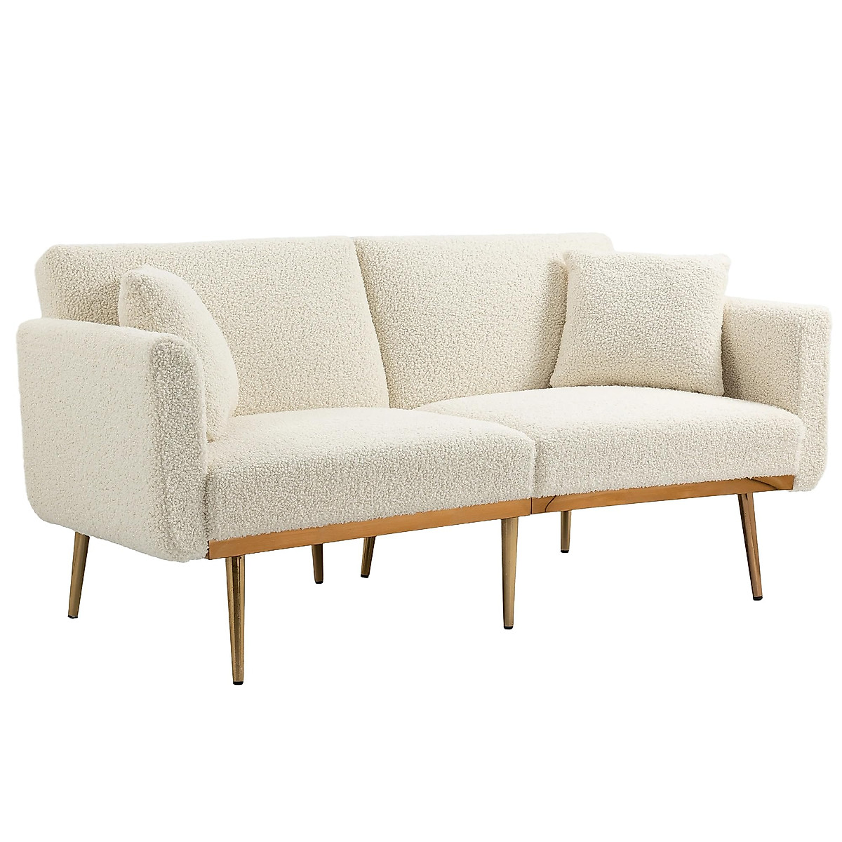 SZLIZCCC Accent Sofa, Mid Century Modern Teddy Velvet Fabric Couch， Convertible Futon Sofa Bed ，Recliner Couch Accent Sofa Loveseat Sofa with Gold Metal Feet (White Teddy)