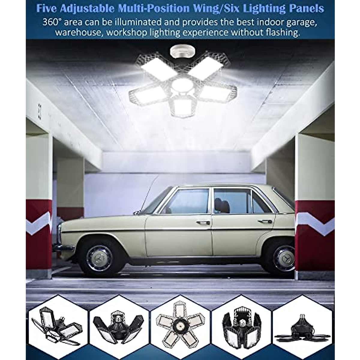 LECLSTAR 2-Pack Garage Light 160W LED Garage Light - 16000LM 6500K Deformable LED Garage Ceiling Light, LED Shop Light with 5 Multi-Position Panels, Easy-Installation LED Lights for Garage, Workshop