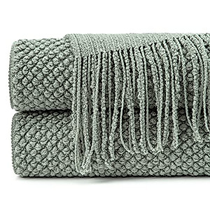 Chanasya Textured Knitted Sage Green Throw Blanket With Tassels - Soft Acrylic Bohemian Farmhouse Chic Accent Throw - Decorative for Sofa Chair Couch Bed Living Room (50x65 Inch) Boho Tan Sage Blanket