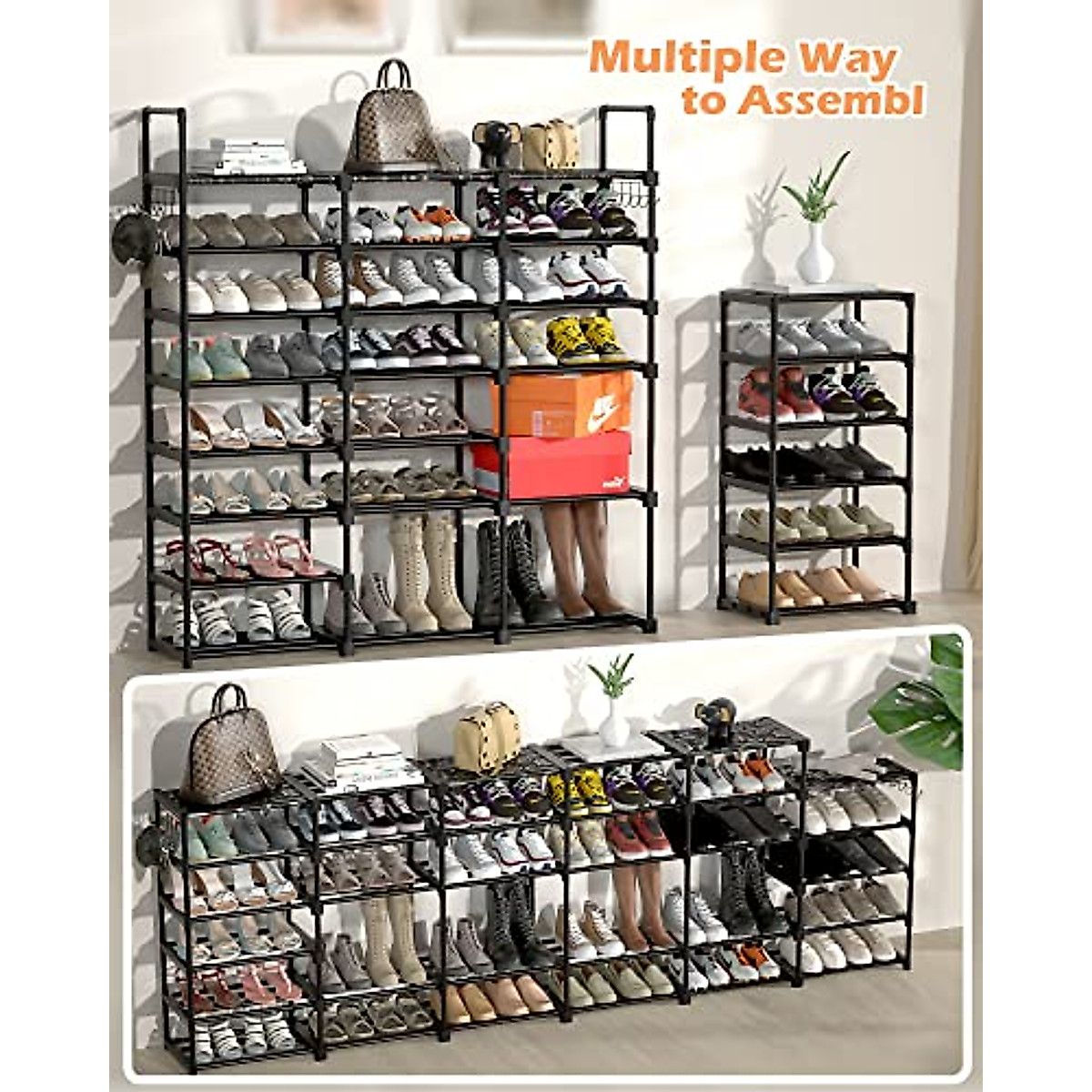 TIMEBAL 8-Tier Shoe Rack, Stackable Shoe Storage Organizer, holds 52-60 Pair Shoes and Boots, Durable Metal Pipes and Plastic Connectors Shoe Shelf Organizer for Entryway, Hallway, Living Room, Black
