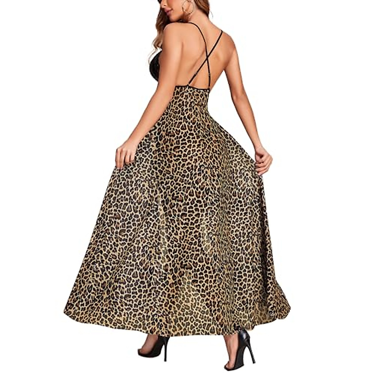 Avidlove Womens Long Nightgown Halloween Lingerie Set Plus Size Lingerie Lace Sleepwer Leopard