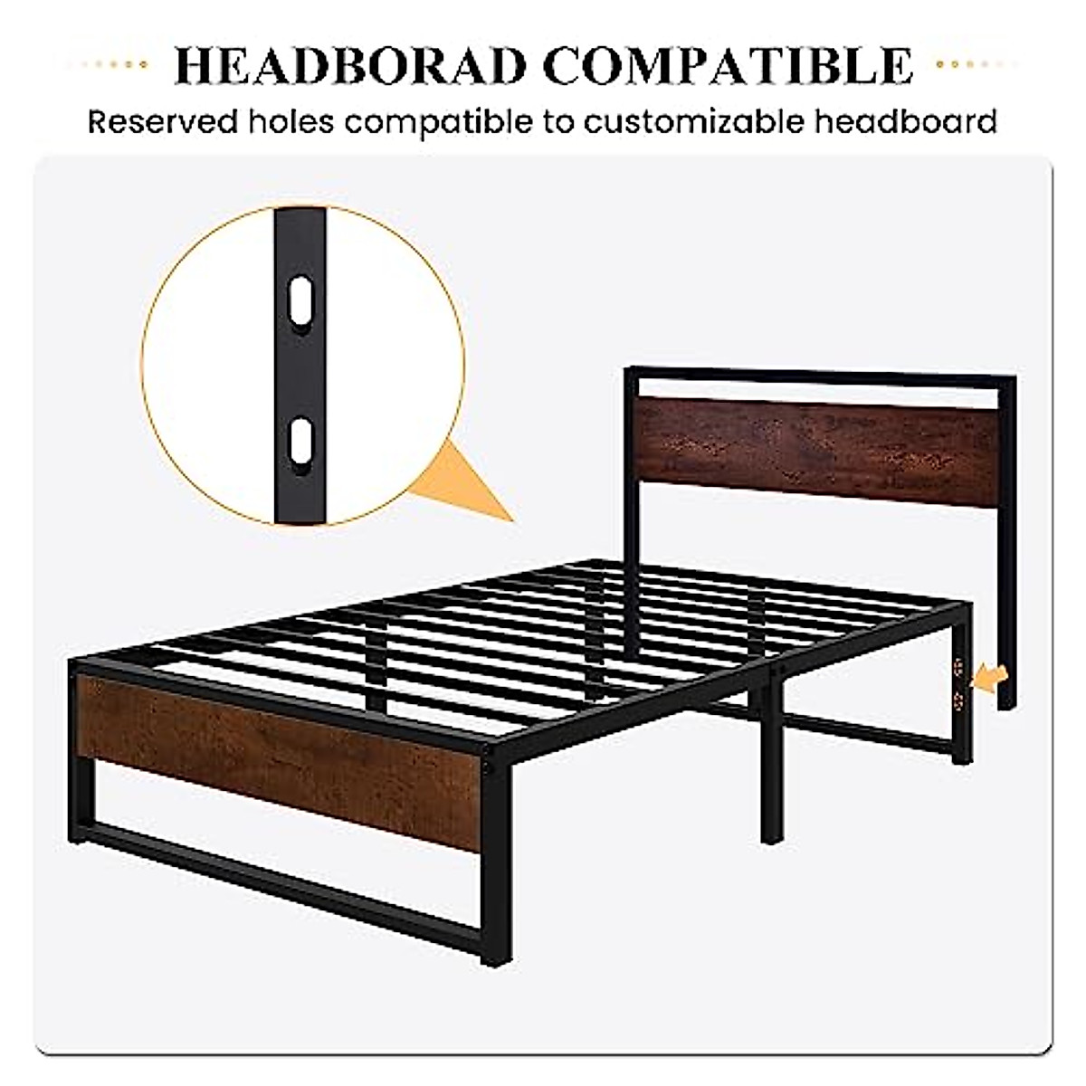 SHA CERLIN 14'' Twin Size Metal Platform Bed Frame with Rustic Wood & Reverse Holes/Ample Under-Bed Storage Space/Mattress Foundation/No Box Spring Needed/Easy Assembly/Noise Free, Metal Slats