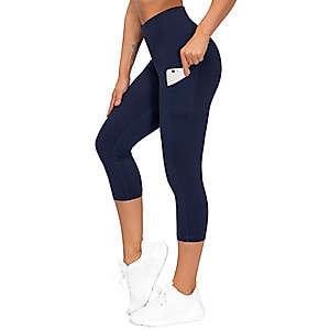 THE GYM PEOPLE Thick High Waist Capris Yoga Pants with Pockets, Tummy Control Workout Running Yoga Leggings for Women Navy Blue