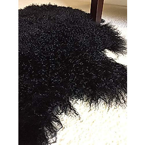 Seek4comfortable Black Genuine Mongolian Sheepskin Pelt Fur Area Rug, Tibetan Curly Fur Throw with Super Fluffy Thick Decorative As Throw Rug 41.5-43.5in Long and 24-25.6 in Wide