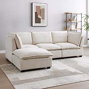 kevinplus 99.3'' Sectional Sofa Couch Cloud Sofa Couch Dupes with Feather Filled for Living Room, Modern Modular 3-Seat L-Shape Sofa Couch with Convertible Ottoman, Linen Fabric, Beige