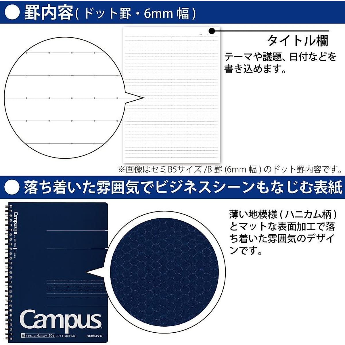 KOKUYO Campus Twin Ring Notebook, Business Type, Dot B 6mm Ruled, Semi-B5, 50 Sheets, 37 Lines, Navy Cover, Japan Import (SU-T113BT-DB)