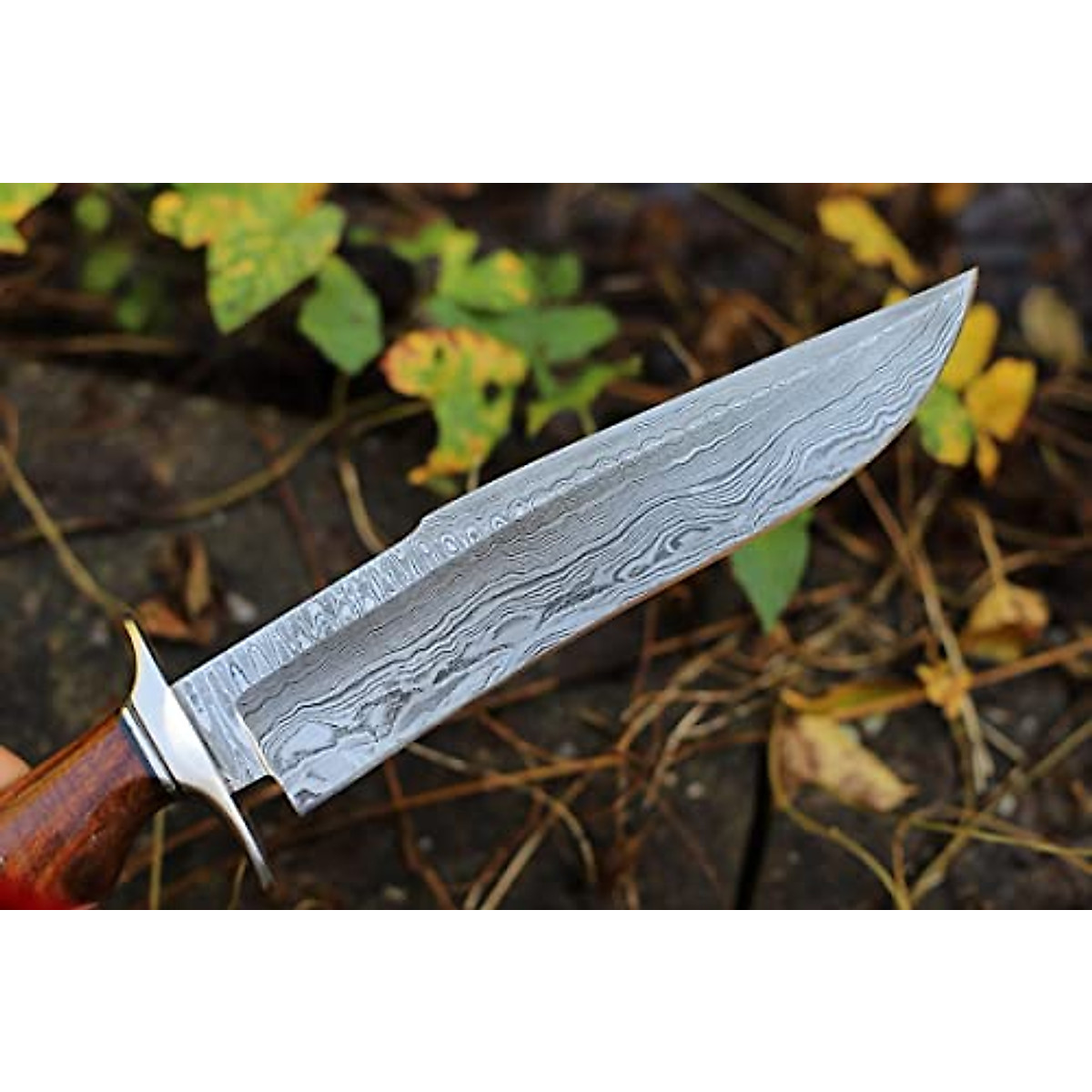 kaswah Handmade Damascus Steel Hunting Knife with Hand Stitched Leather Sheath - 14" Fixed Blade Knife with Solid Rosewood Wood Handle - EDC Survival Knife for Men
