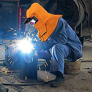 Leather Welding Mask, Leather Welder Hood Leather Mask Welder Helmet with Auto Darkening Filter Lens, Work Cap Welding Helmet, Yellow (Full Face+Neck Shoulder Coverage)