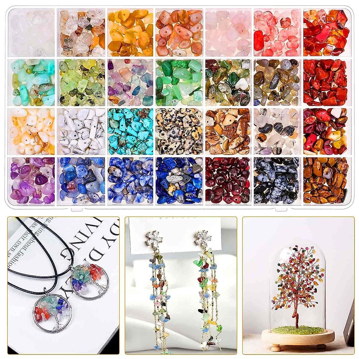 selizo Crystal Beads for Ring Making, 28 Colors Crystal Chips and Gemstone Beads for Jewelry Making, Crystal Ring Making Kit with Plastic Box for Jewelry Ring, Bracelets, Earring Making Supplies