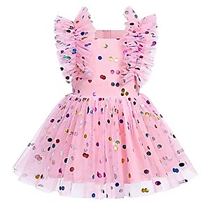 Newborn Baby Girls Tulle One Piece Romper Dress Colorful Polka Dots Print Ruffles Sleeve Bodysuit Toddler Girl Tutu Dress Birthday Photography Summer Clothes Pink Dots 12-18 Months