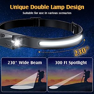 [2023 Upgraded] 2PCS LED Headlamp Rechargeable, 230° Wide Beam Head Lamp with Red Light Option, 6 Modes Adjustable, Motion Sensor, Headlamp Flashlight Suitable for All Outdoor Activities and Daily Use