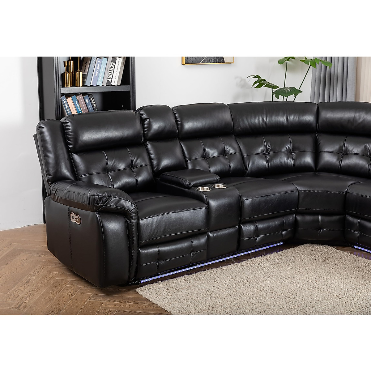 Kingway Faux Leather Recliner Couch Console Table Storage Sectional Sofa with Cup Holders LED Light for Home Theater Office Big House