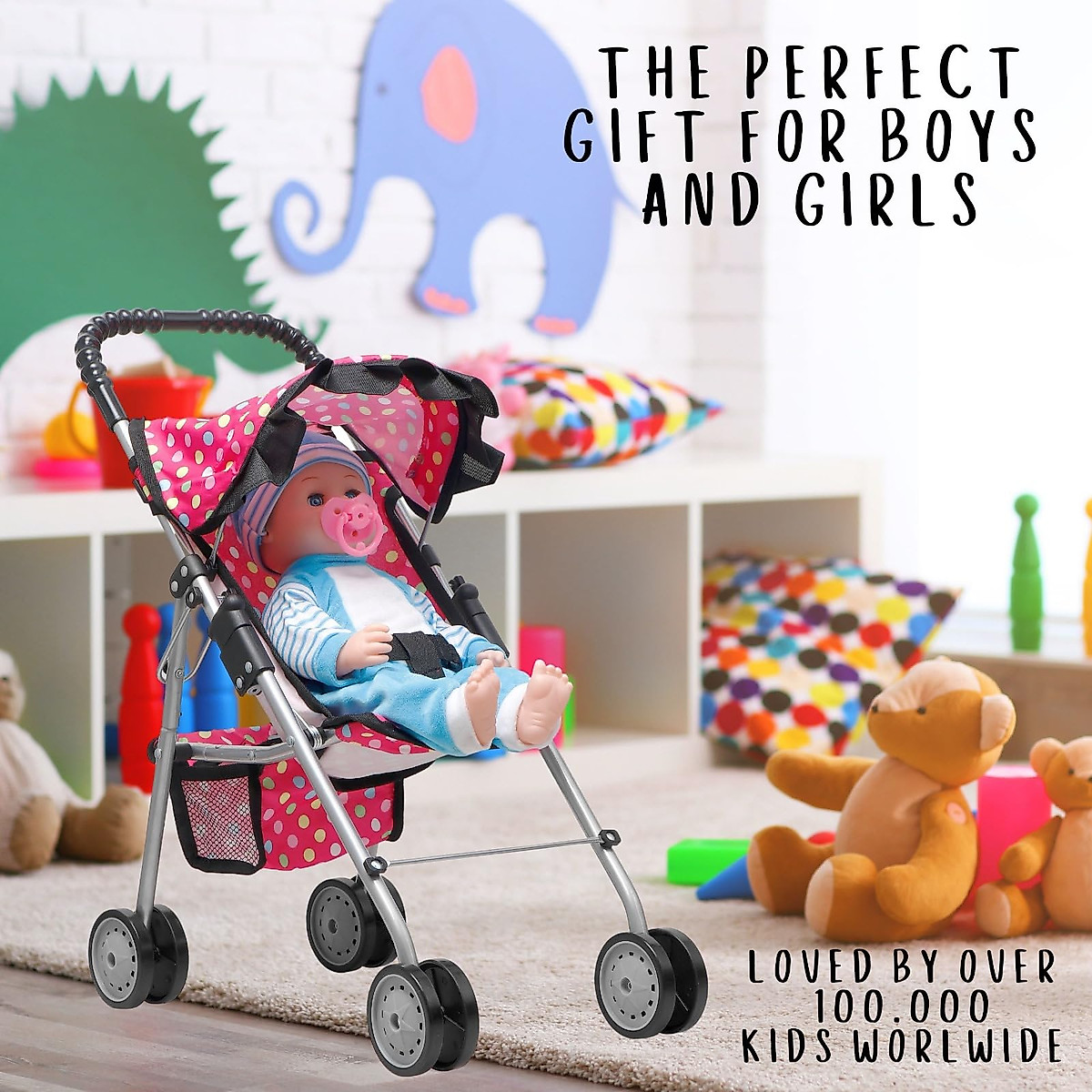 fash n kolor - My First Baby Doll Stroller - Pink Polka Dot Doll Stroller with Basket- Soft Grib Handle. Foldable with Hood Toy Doll Pram Baby Doll Accessories. With 2 Free Bonus Doll Bottles Included