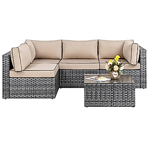 Walsunny Patio Furniture Set, 5 Pieces Outdoor Sectional Sofa Wicker Conversation Sets with Tea Table and Patio Couch Cushions(Khaki)