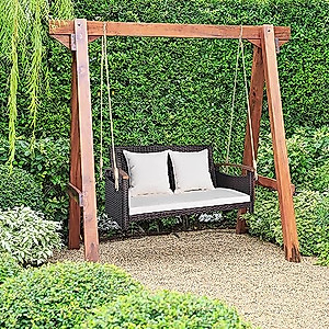 HAPPYGRILL 2-Seater Hanging Swing, Outdoor PE Rattan Hanging Swing with Curved Acacia Wood Armrests, Padded Cushions, Porch Swing Bench, Perfect for Patio Garden Deck, 800 lbs Weigh Capacity