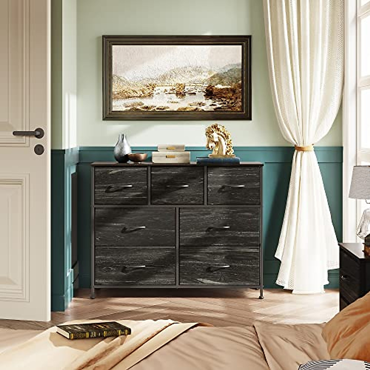 WLIVE Dresser TV Stand, Entertainment Center with Fabric Drawers, Media Console Table with Metal Frame and Wood Top for TV up to 45 inch, Chest of Drawers for Bedroom, Charcoal Black Wood Grain Print