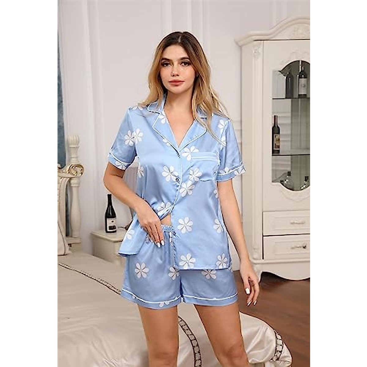 KINA FANG Women’s silk satin pajamas short sleeve loungwear button down sleepwear PJ Set L