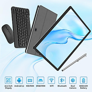 HISORL Android Tablet, 10 Inch Android 12 Tablet, 2 in 1 Tablet with Keyboard, Mouse, Case, Stylus, 4GB RAM 64GB ROM 1TB Expand, WiFi, Bluetooth, 8000mAh Battery, GMS Certified(Silver)