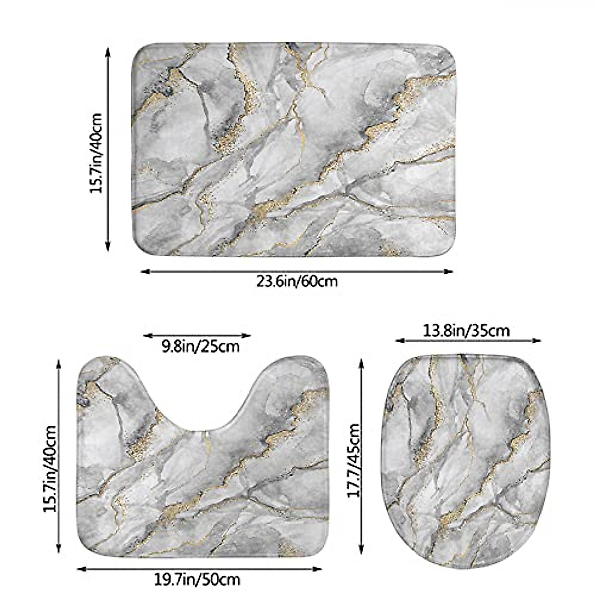 Wondertify White Marble Bathroom Antiskid Pad Fashion Marbling Granite Stone 3 Pieces Bathroom Rugs Set, Bath Mat+Contour+Toilet Lid Cover Gold Black Gray