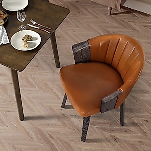 Art Leon Desk Chair No Wheels, Mid Century Modern Swivel Accent Chair, Faux Leather Upholstered Home Office Desk Chair with Wood Legs, Brown/Black Oak