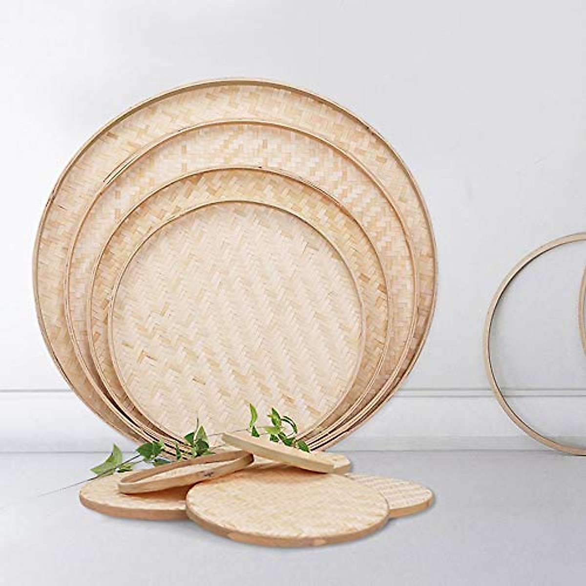 100% Handwoven Flat Wicker Round Fruit Basket Woven Food Storage Weaved Shallow Tray Bin Vegetable Organizer Holder Bowl Decorative Rack Display Kids DIY Art Drawing Board Tablet Paint (42cm/16.5")