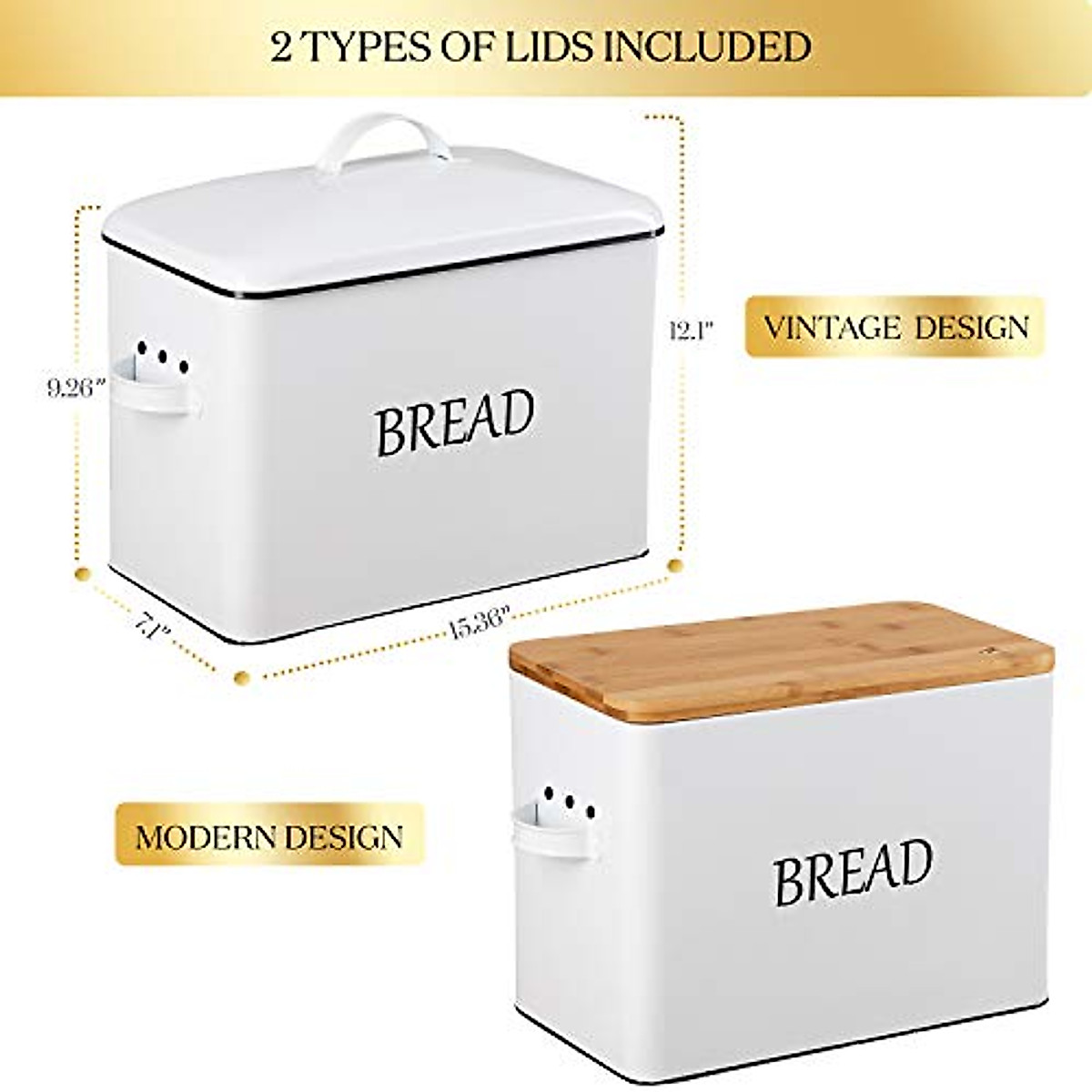 EXTRA LARGE Bread Box with 2 Lids - Metal & Bamboo Lid - White Metal Bread Box for Kitchen Countertop - Holds 2+ Loaves - Farmhouse Bread Box - Bread Storage Ventilation Holes - XXL Bread Bag