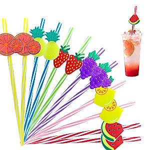Honest ECO Replacement Disposable Plastic straws for Kids Party DIY Decoration Daily Drinking Straws (24 straws+12 plastic fruits+2 cleaning brush)