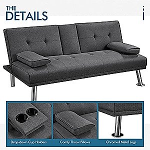 Yaheetech Linen Fabric Modern Sofa Bed Sectional Couch Bed Folding Recliner Sleeper Reversible Loveseat Convertible Daybed, 2 Cup Holders, 3 Angles, 772lb Capacity, Removable Armrests, Dark Gray