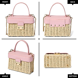 Like Dreams Small Summer Bag for Women Woven Straw Crossbody Vegan Leather Top Handle Plaid Inner Purse (Blush)