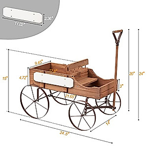 Dragosum Wooden Wagon Wheel Decor, Small Decorated Cart Garden Planter with Divider and Handle, Porch Decorations Indoor/Outdoor Planting Pots, Flower Box Wishing Wells Backyard Balcony Patio Walnut
