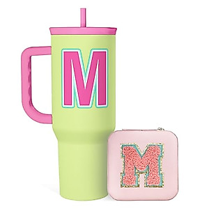 SANDJEST Stainless Steel Slider Tumbler With Handle 40oz & Jewelry Case with Initial M