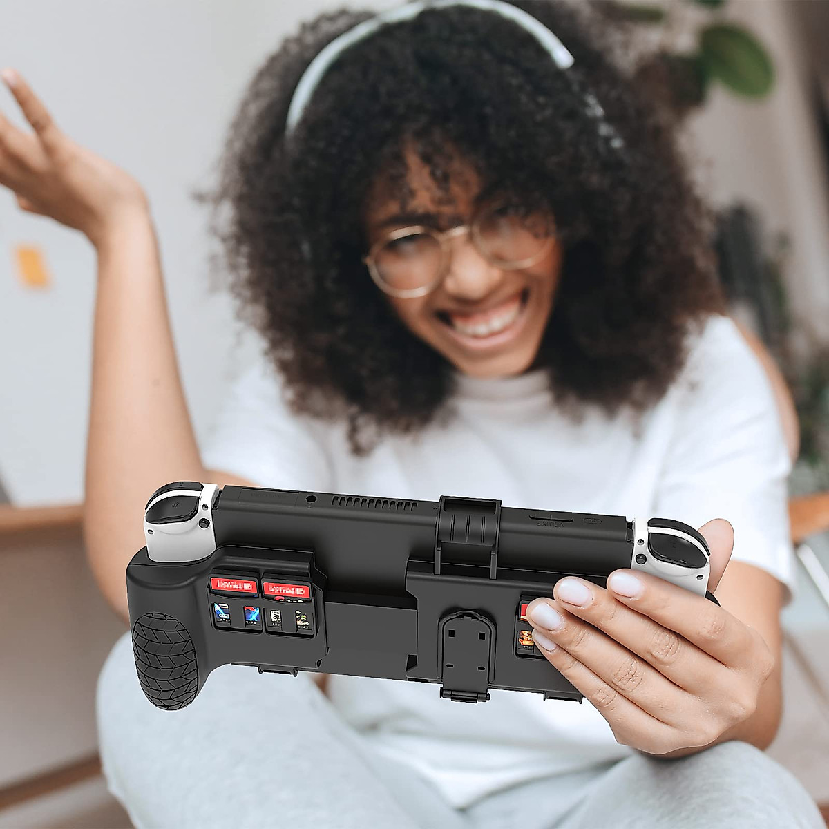 Switch OLED Grip Case Compatible with Nintendo Switch/ Switch OLED/ Switch Lite - Universal Hand Grip Accessories with Adjustable Stand/ 4 Game Slots, 8 Thump Caps for JoyCon & Switch Control, Black