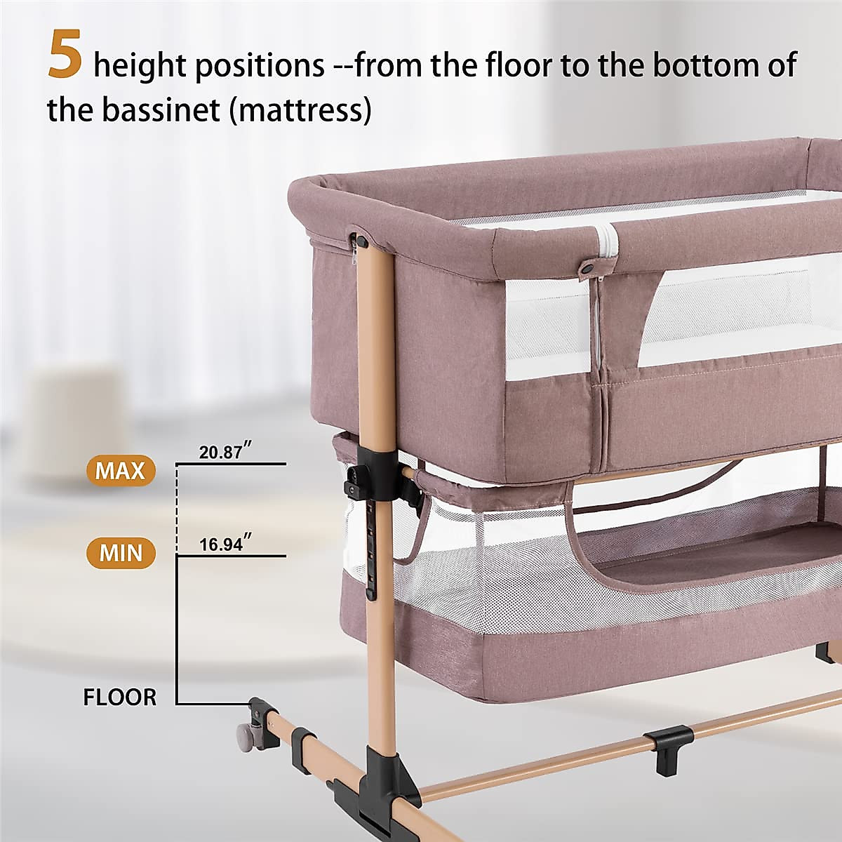 Baby Crib,3 in 1 Baby Bassinet Bedside Crib Adjustable Portable Bed for Infant,Baby Newborn Must Have Bed,Khaki