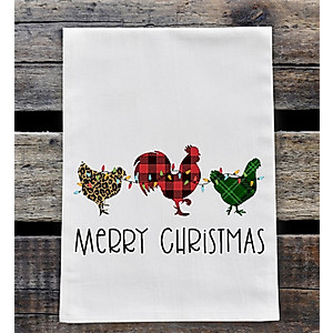 Kitchen Dish Towel - Merry Christmas Chickens with Christmas Lights Flour Sack Towel - Christmas Decoration