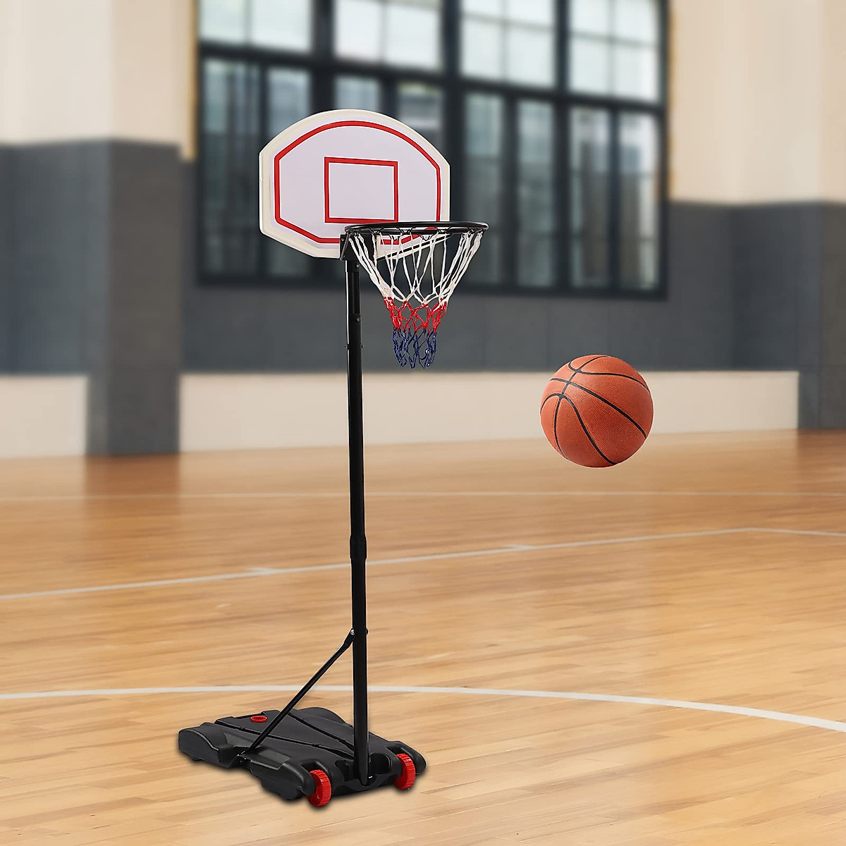 Kids Height-Adjustable Basketball Hoop, Portable Backboard System w/ 2 Wheels, Fillable Base, Weather-Resistant, Nylon Net, Adjusts from 64.9in to 80.7in, for Indoor Outdoor Yard (64.9-80.7 in)
