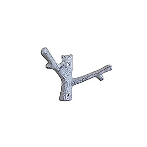 Handcrafted Nautical Decor Whitewashed Cast Iron Forked Tree Branch Decorative Metal Double Wall Hooks 5"