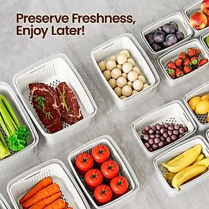 Mowdug 4 Pack Fruit Storage Containers with Removable Colanders for Fridge, BPA-Free, Vegetable Saver Container with Lid, Colander, Vent and Handle, Keep Fruits, Vegetables, Berry, Meat Fresh longer