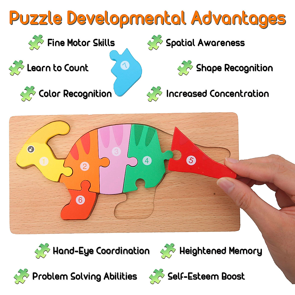 MONTESSORI MAMA Toddler Puzzles for Kids Ages 3-5 Dinosaur Puzzle 5-Pack, Montessori Toys for 3 Year Olds, Toddler Toys Age 2-4 Gifts for 3 Year Old Boys Girls, Wooden Puzzles for Toddlers