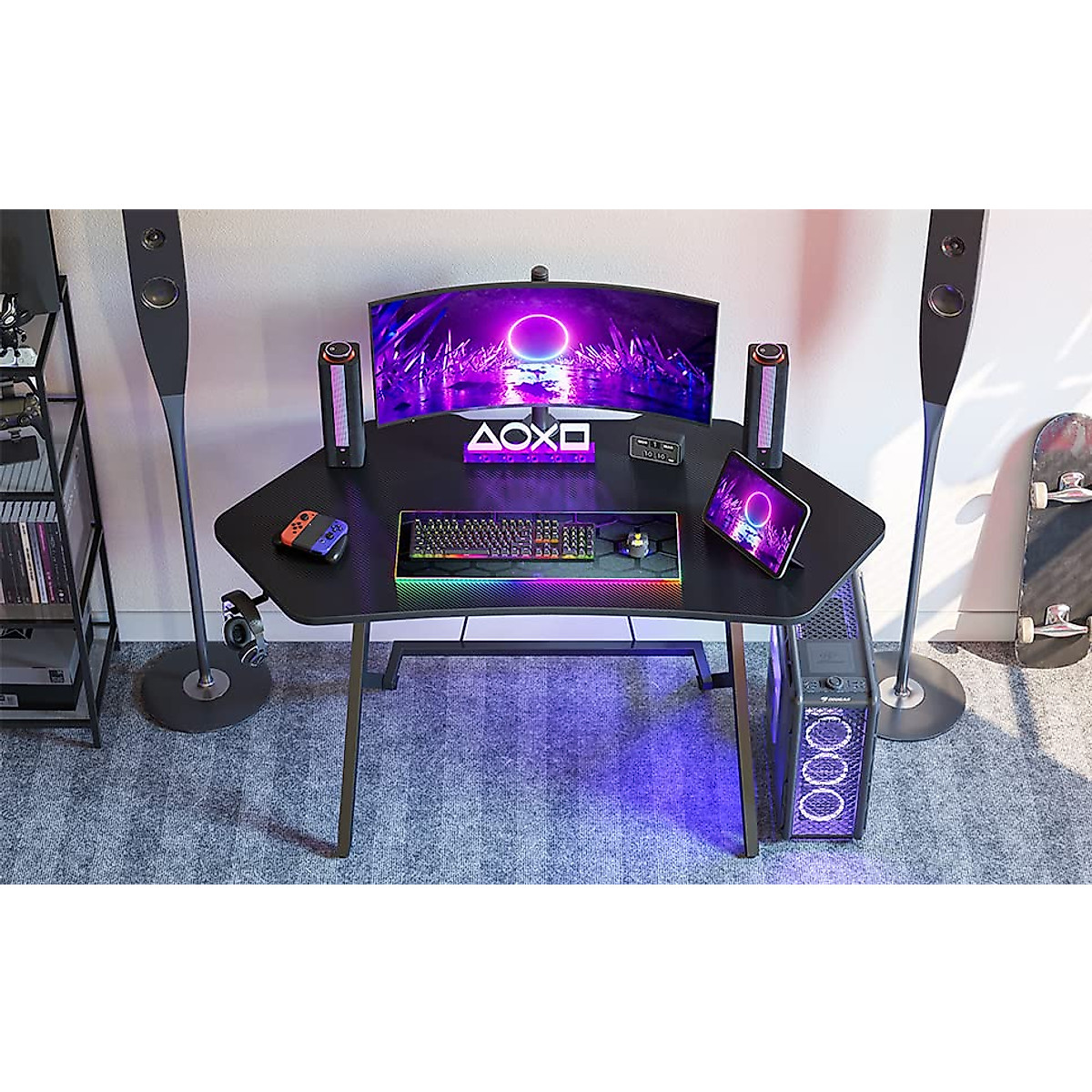 CubiCubi Luna Gaming Desk 47 inch Gamer Workstation, Home Computer Carbon Fiber Surface Gaming Desk PC Table with Cable Tray and Headphone Hook