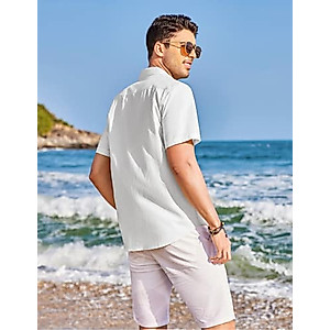 COOFANDY Men's Linen Shirt Lightweight Classic Fit Button Down Shirt Short Sleeve Beach Holiday Shirts with Pocket White