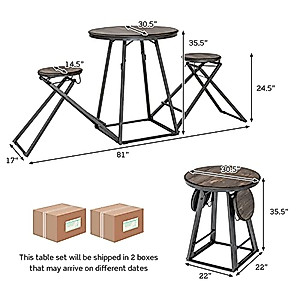 COSTWAY Bar Table and Stools Set of 3, Round Pub Bistro Table with 2 Foldable Stools, Heavy-Duty Steel Frame, Modern Table and Chairs Set for 2, Kitchen Dining Set for Apartment, Restaurant, Bar
