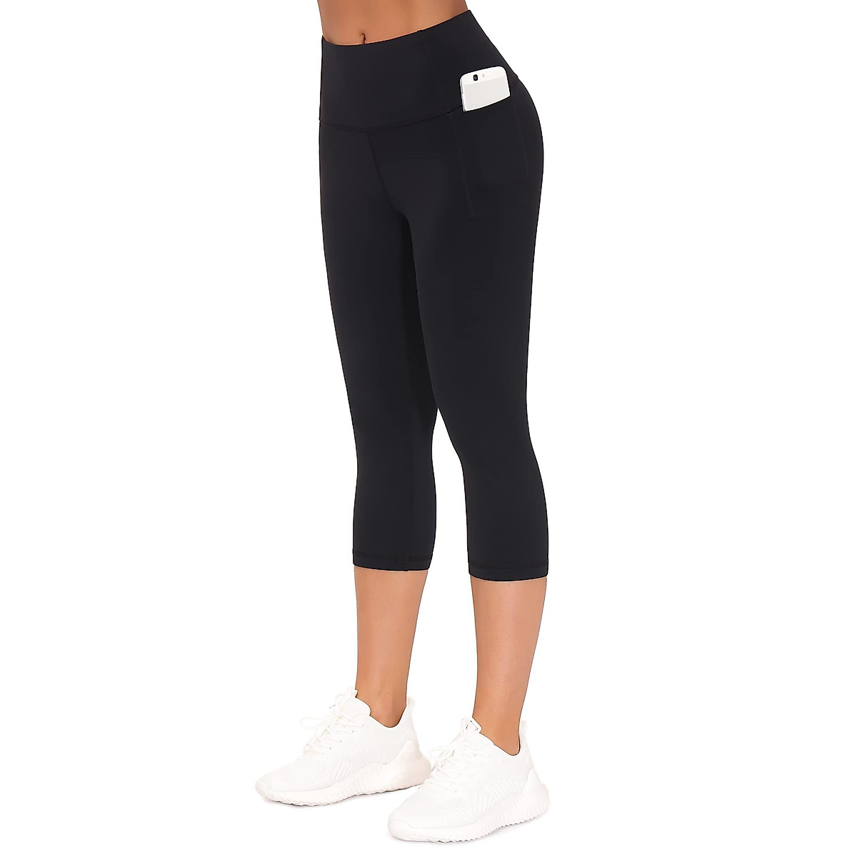 THE GYM PEOPLE Tummy Control Workout Capris Leggings with Pockets High Waist Athletic Yoga Pants for Women Running Hiking Black