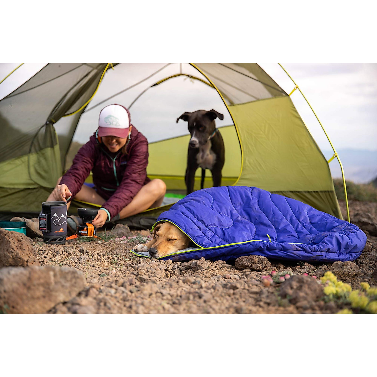 Ruffwear, Highlands Dog Sleeping Bag, Water-Resistant Portable Dog Bed for Outdoor Use, Huckleberry Blue, Large
