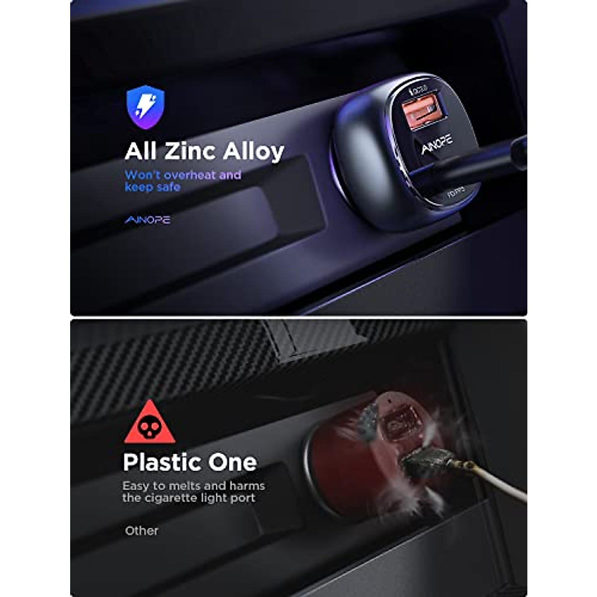 66W USB C Car Charger-AINOPE [PD 36W+QC 30W] [All Metal] QC 3.0 Dual Port iPhone Car Charger Type C Car Adapter Fast Charger for iPhone 14 13 12 Pro, Samsung S22 S21 iPad MacBook Pro Air Laptop