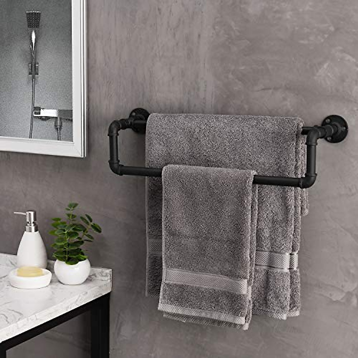 MyGift Industrial Metal Matte Black Towel Bar with Realistic Pipe Design, 2 Tier Wall Mount Bathroom Fixtures Bath Towel Rack