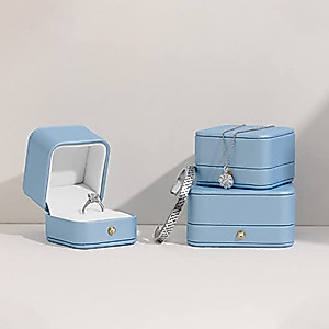 Oirlv Elegant Sky Blue Ring Box Leather Engagement Ring Box Jewelry Gift Box for Wedding Proposal Velvet Interior Ring Case